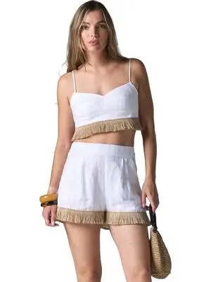 JBQ Breya Cropped Linen Bustier Top With Fringe Detail - White