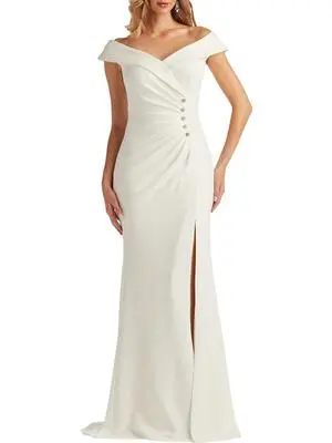 Tadashi Shoji Off-the-shoulder Crepe Trumpet Gown - Ivory