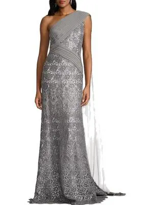 Tadashi Shoji Sequin Cape Gown - Mist