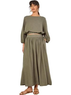 APRICOT Linen Blend Pleated Midi Skirt - Khaki