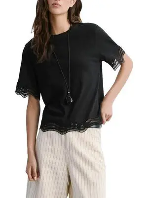 Mango Open Stitch Cotton T-shirt - Black