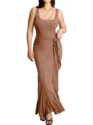 POPILUSH Modal Twist Wrap Maxi Dress With Built-in Shapewear - Camel