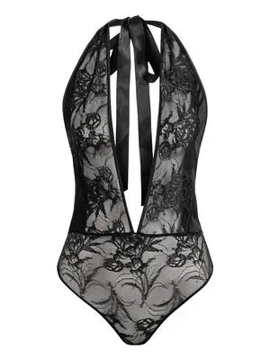 MERS SILK Noir Lace Bodysuit With Ribbon Tie - Black