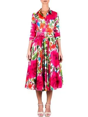 Samantha Sung Watercolor Bloom A-line Midi Shirtdress - Pink