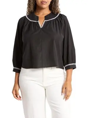 RAIN AND ROSE RAIN AND ROSE Embroidered Split Neck Balloon Sleeve Blouse