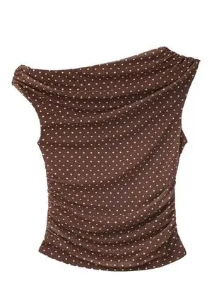 Mango Asymmetrical Polka Dot Off-the-shoulder Mesh Top - Brown
