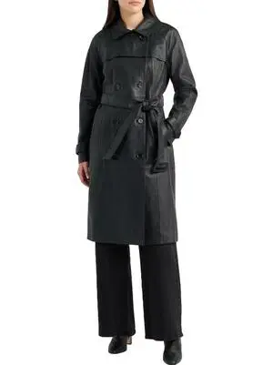 Donna Karan New York Double Breasted Leather Trench Coat - Black