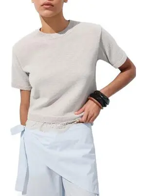 MANGO MANGO Lace Trim Short Sleeve Crewneck Sweater