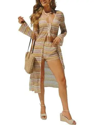 VICI Crochet Tie Front Longline Cardigan - Multi