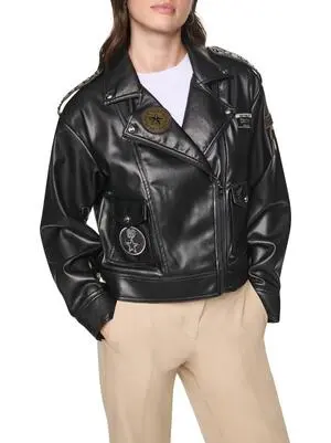 Dkny Faux Leather Patch Embellished Bomber Jacket - Black