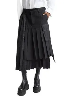 Sacai Pleated Mixed Media Midi Skirt - Black