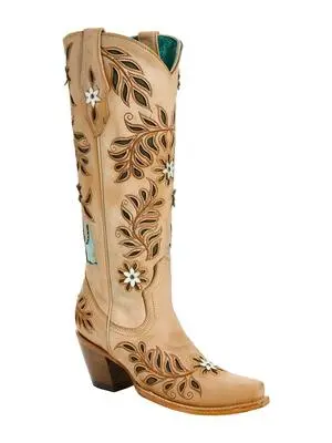 CORRAL Flower & Bird Cutout Cowboy Boots - Straw