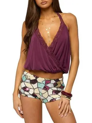 EDIKTED Lace Trim Halter Wrap Top - Plum