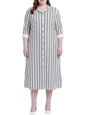 STANDARDS & PRACTICES Stripe Button-up Midi Shirt Dress - Light Grey