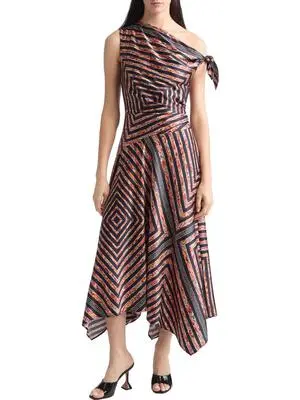 Staud Portia One-shoulder Stripe Silk Midi Dress - Studio