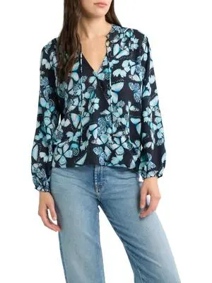 APNY Butterfly Print Long Sleeve Top - Blue Multi