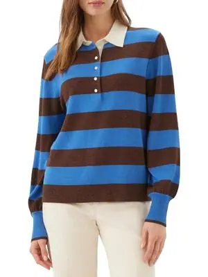 Karen Kane Striped Knit Polo Sweater - Chocolate/sky