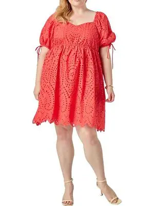 English Factory Cotton Eyelet Sweetheart Neck Mini Dress - Red