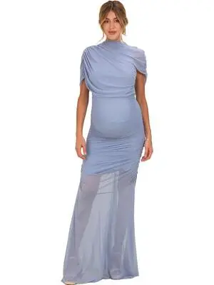 PINKBLUSH Draped Bodice Ruched Mesh Maxi Dress - Blue