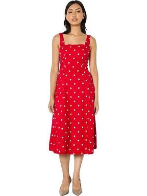 APRICOT Square Neck Polka Dot Midi Dress - Red