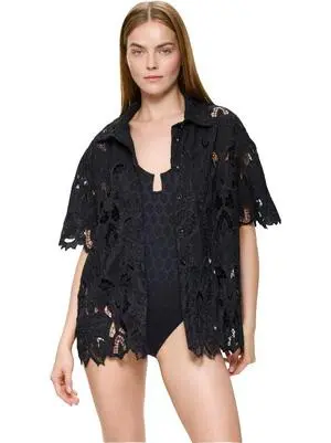 GOTTEX Gottex Guipure Lace Short Sleeve Shirt Cover-Up Black