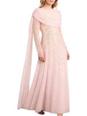 NEEDLE & THREAD Sequin Draped Gown - Shell/gold