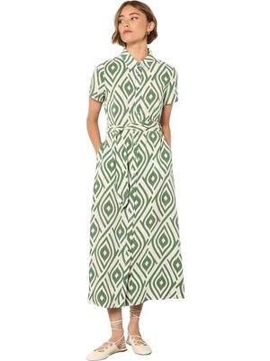 APRICOT Short Sleeve Geometric Print Midi Shirt Dress - Green