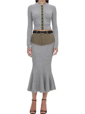 SELF-PORTRAIT Knit Khaki Denim Insert Midi Skirt - Grey