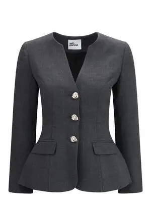 SELF-PORTRAIT Wool Collarless Jacket With Pearl-topped Gold Buttons - Grey