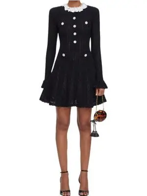 SELF-PORTRAIT Knit Mini Dress With Floral Trim - Black