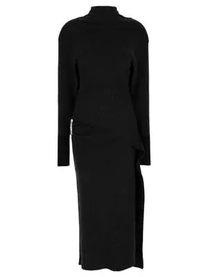 LANVIN Long Sleeve High Neck Stretch Dress With Side Slits - Black