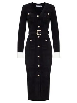 SELF-PORTRAIT Belted Buttoned Midi Dress - Black