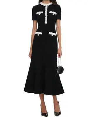 SELF-PORTRAIT Self-Portrait Floral-Appliqué Ribbed-Knit Midi Dress