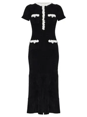 SELF-PORTRAIT Floral-appliqué Ribbed-knit Midi Dress - Black