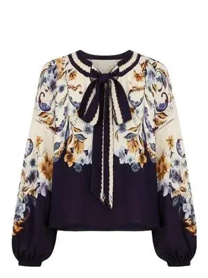 Farm Rio Long Sleeve Top With Neck Tie Detail - Navy Blue