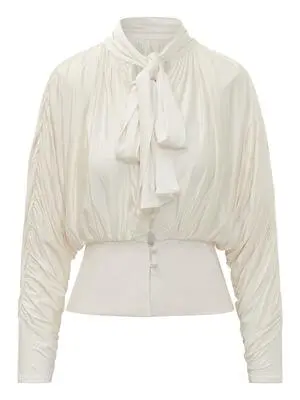 SELF-PORTRAIT Self-Portrait Draped Tie-Neck Top With Button Closure Cream