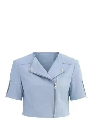 LAMARQUE Cropped Leather Jacket With Off-centre Zip - Blue
