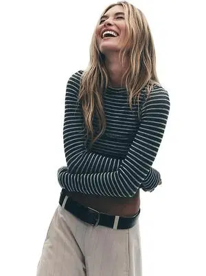 Free People Intimately Just Enough Stripe Crew Neck Long Sleeve Top - Grey Combo