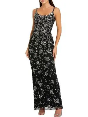 Mac Duggal Embellished Floral Evening Gown - Black Silver