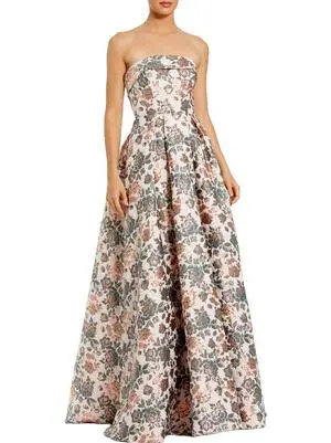 Mac Duggal Strapless Floral Jacquard Ball Gown - Gold Multi