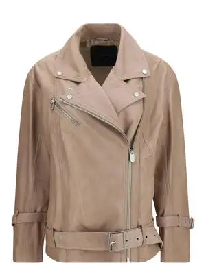 Pinko Belted Leather Biker Jacket - Beige