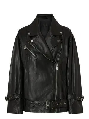 Pinko Belted Leather Biker Jacket - Black