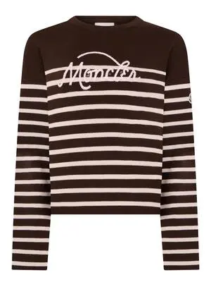 Moncler Striped Logo Long Sleeve Wool Sweater - Brown