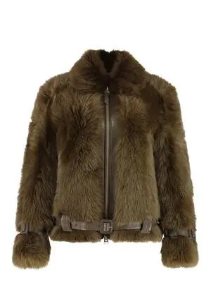 TOM FORD Fur And Leather Moto Jacket With Belted Cuffs - Green