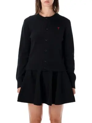 AMI Paris Merino Wool Cardigan With Embroidered Of Coeur - Nero