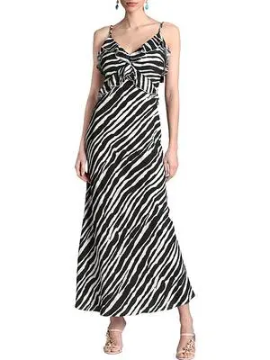 AVEC LES FILLES Avec Les Filles Zebra Print Braided Strap Ruffle Maxi Dress