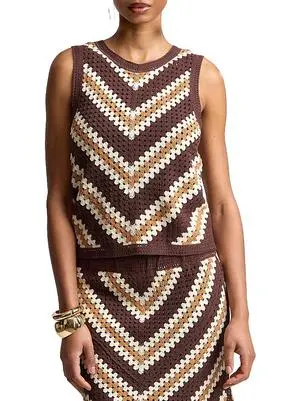 Avec Les Filles Chevron Crochet Knit Tank - Brown Multi