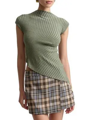Avec Les Filles Asymmetric Ribbed Top - Olive Multi