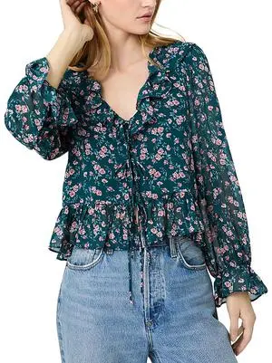 French Connection Marina Lucia Floral Ruffle Trim Blouse - Deep Teal Multi