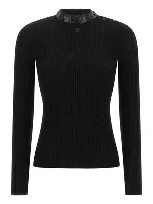 COURREGES Courrèges Ribbed Viscose Blend Sweater With Vinyl High Neck - Black